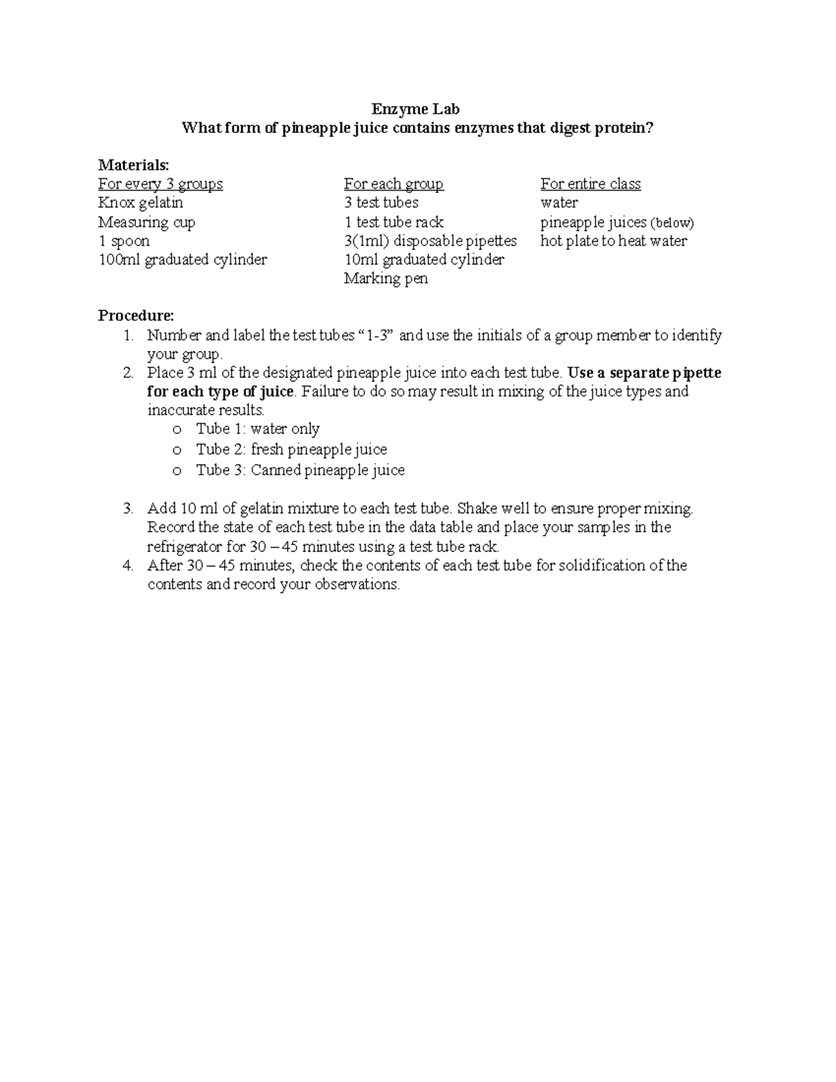 Enzyme Lab: Investigating Bromelain in Pineapple Juice (Biol 101) - Studocu