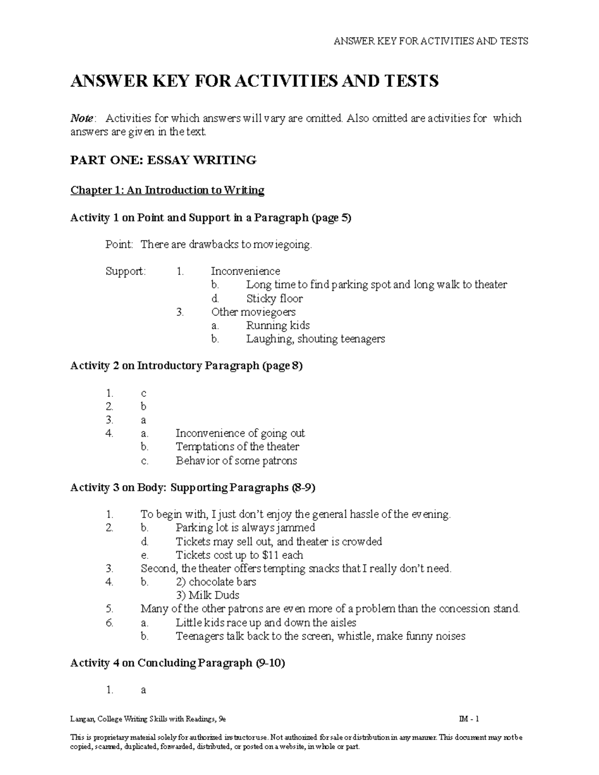 3 Answer Key Part One - 1111 - ANSWER KEY FOR ACTIVITIES AND TESTS Note ...