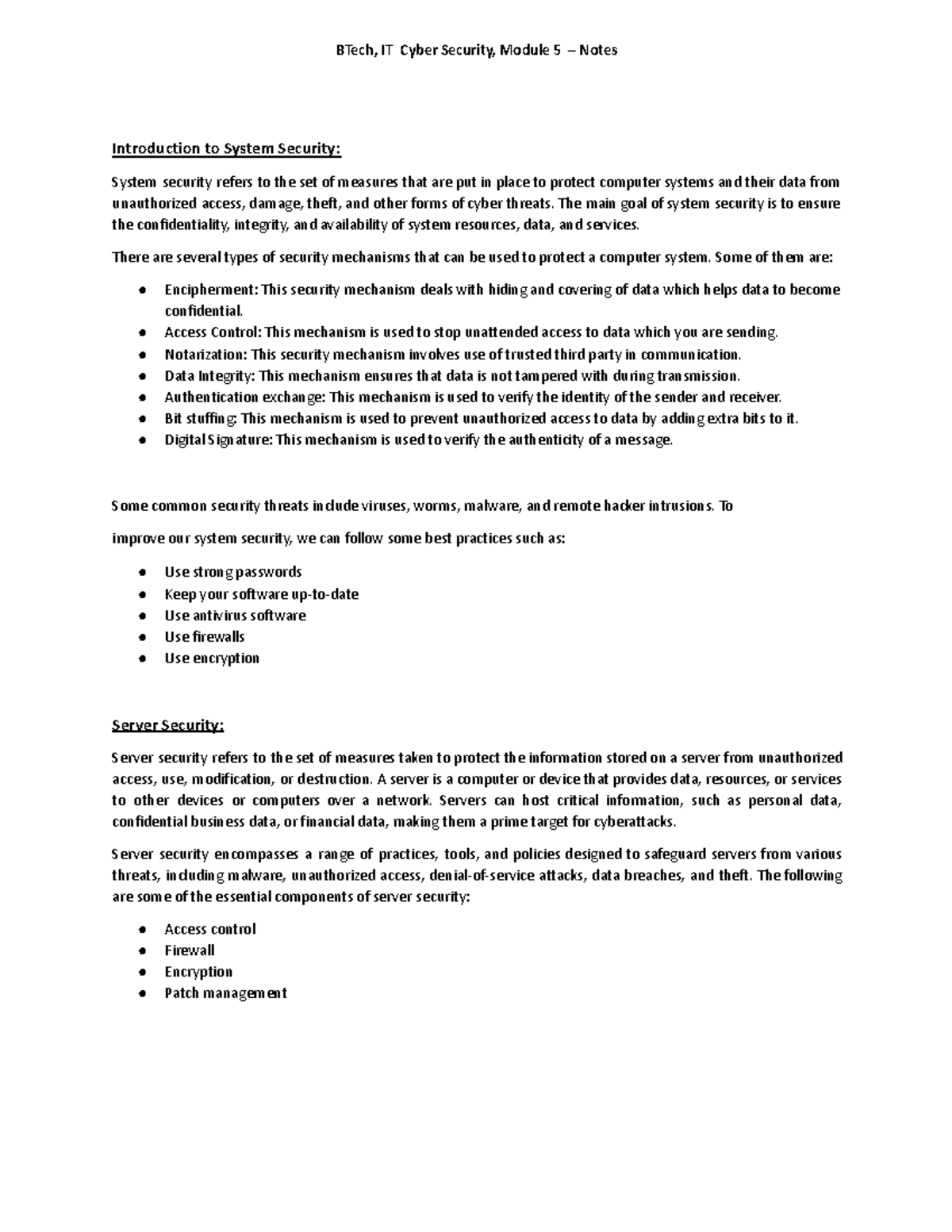 BTech IT Cyber Security Module 5: System & Network Security Notes - Studocu