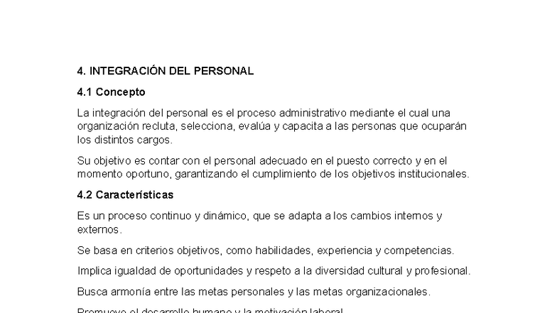 4. INTEGRACIÓN DEL PERSONAL: Proceso y Factores Clave en RRHH - Studocu