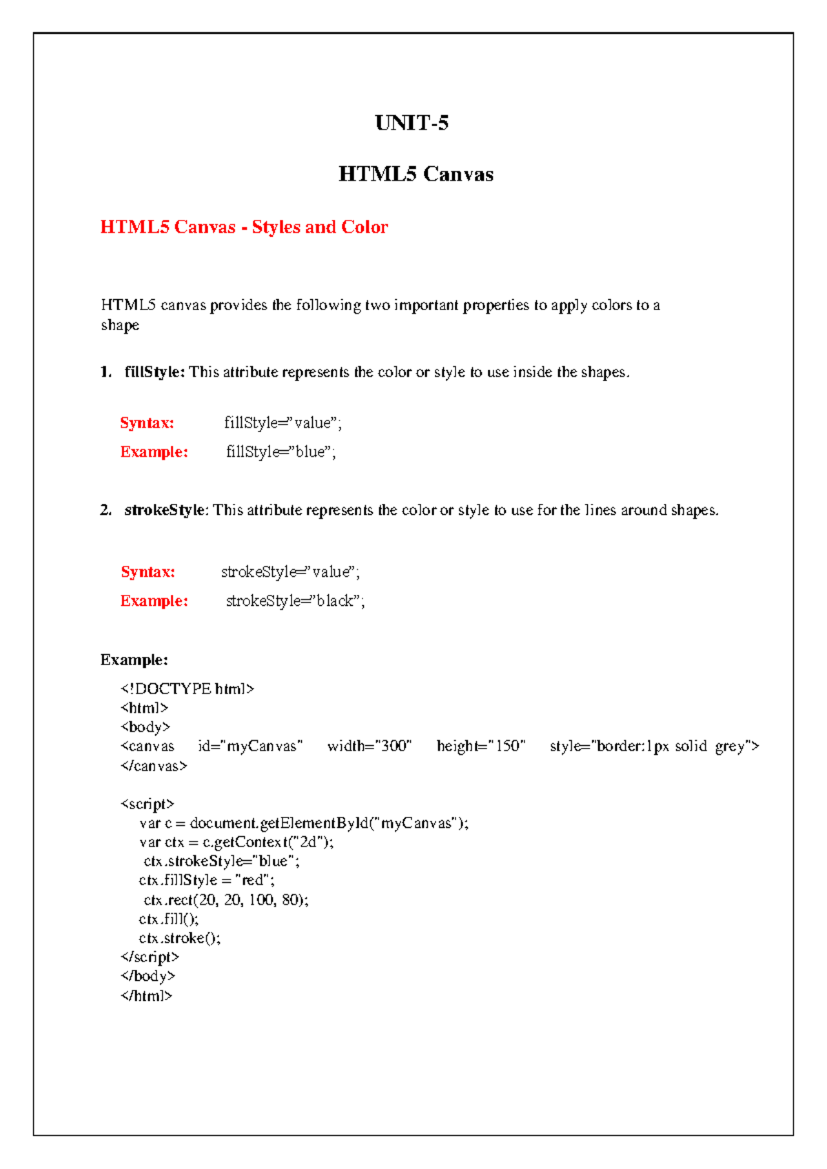 CMA UNIT-5 HTML5 Canvas Styles, Colors, and Animations - Studocu