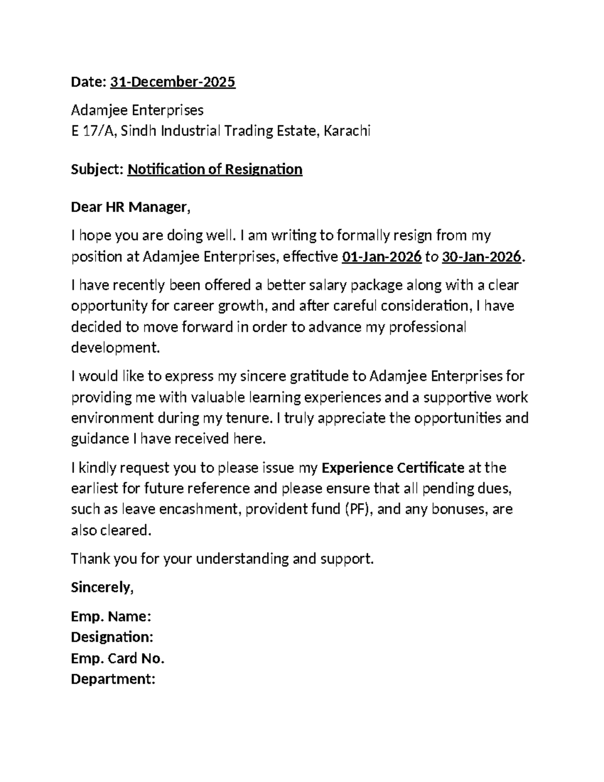 Resignation Letter - Adamjee Enterprises - SD Assa - Studocu