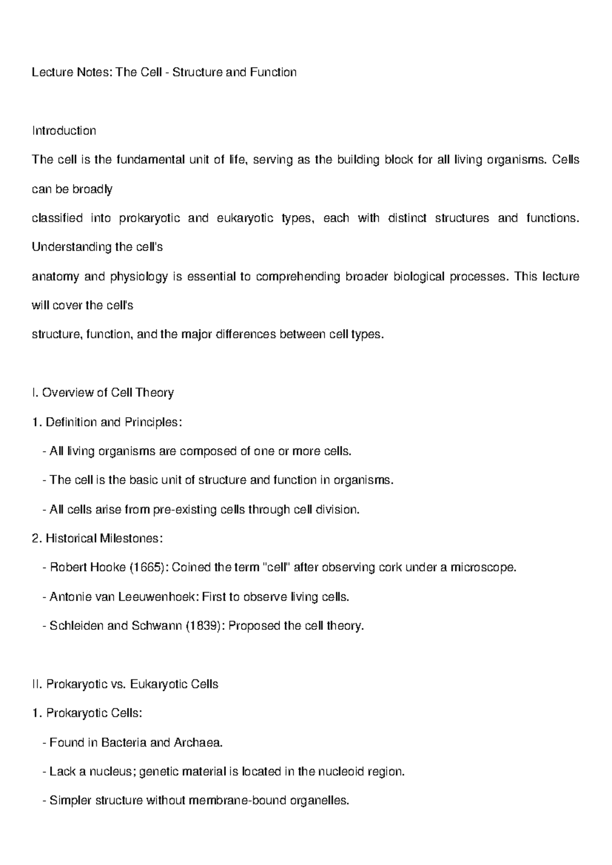 Biology Lecture Notes - Lecture Notes: The Cell - Structure and ...