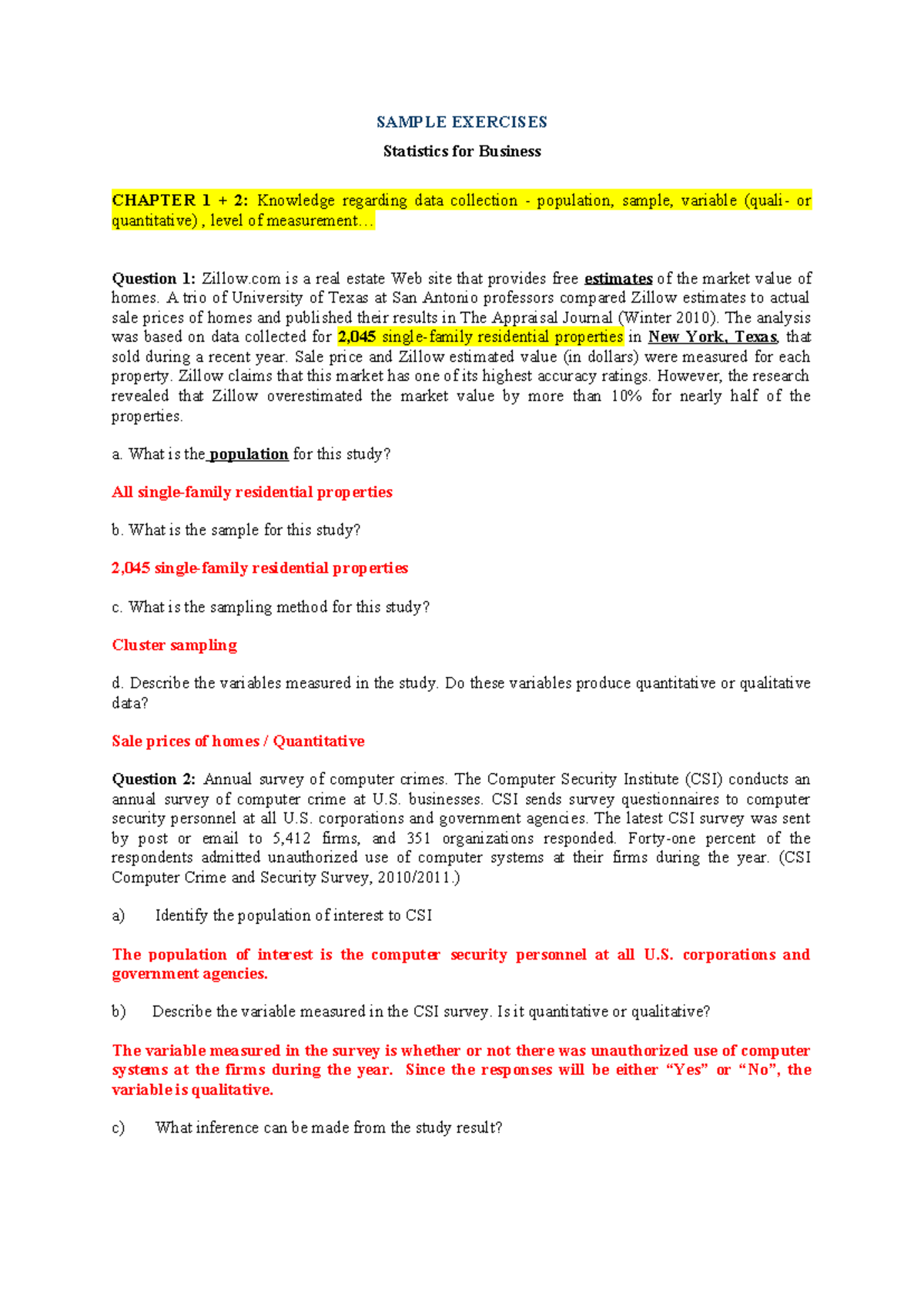Sample Exercises for Statistics in Business (STAT 101) - Chapters 1-5 ...