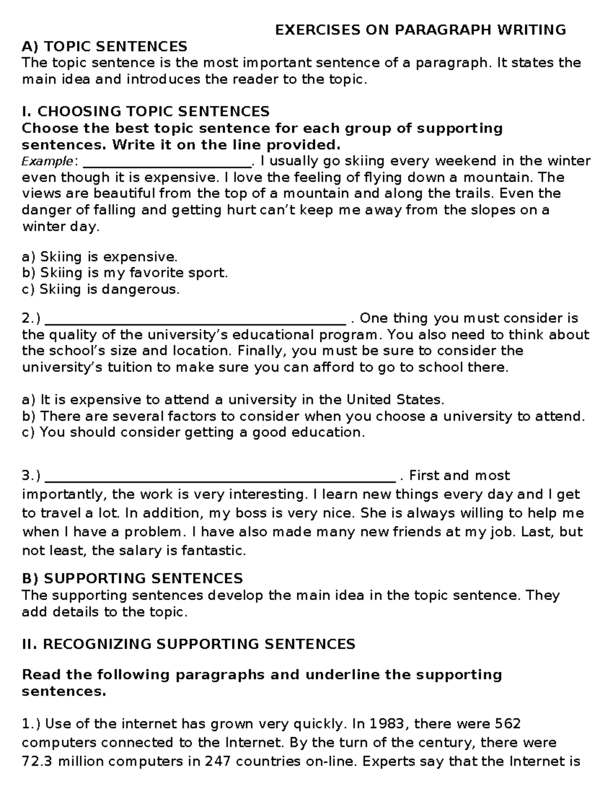 Exercises on Paragraph Writing: Topic, Supporting, and Concluding ...