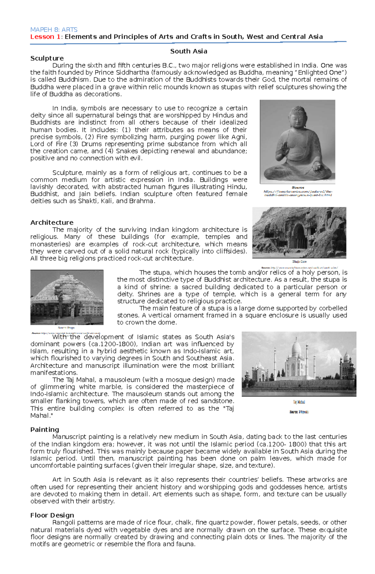 MAPEH 8: ARTS - Lesson Notes on South, West & Central Asian Art - Studocu