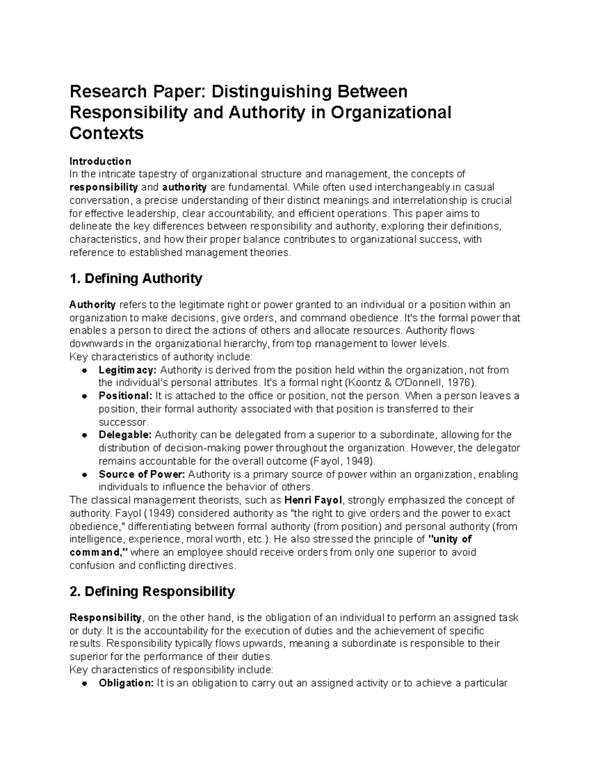 Research Paper: Distinction Between Responsibility & Authority in Org ...