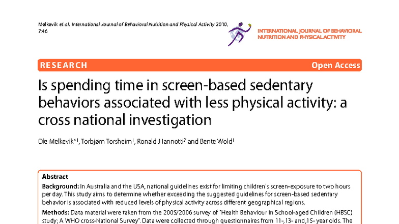 Sedentary Behavior and Physical Activity: A Cross-National Study (HBSC ...