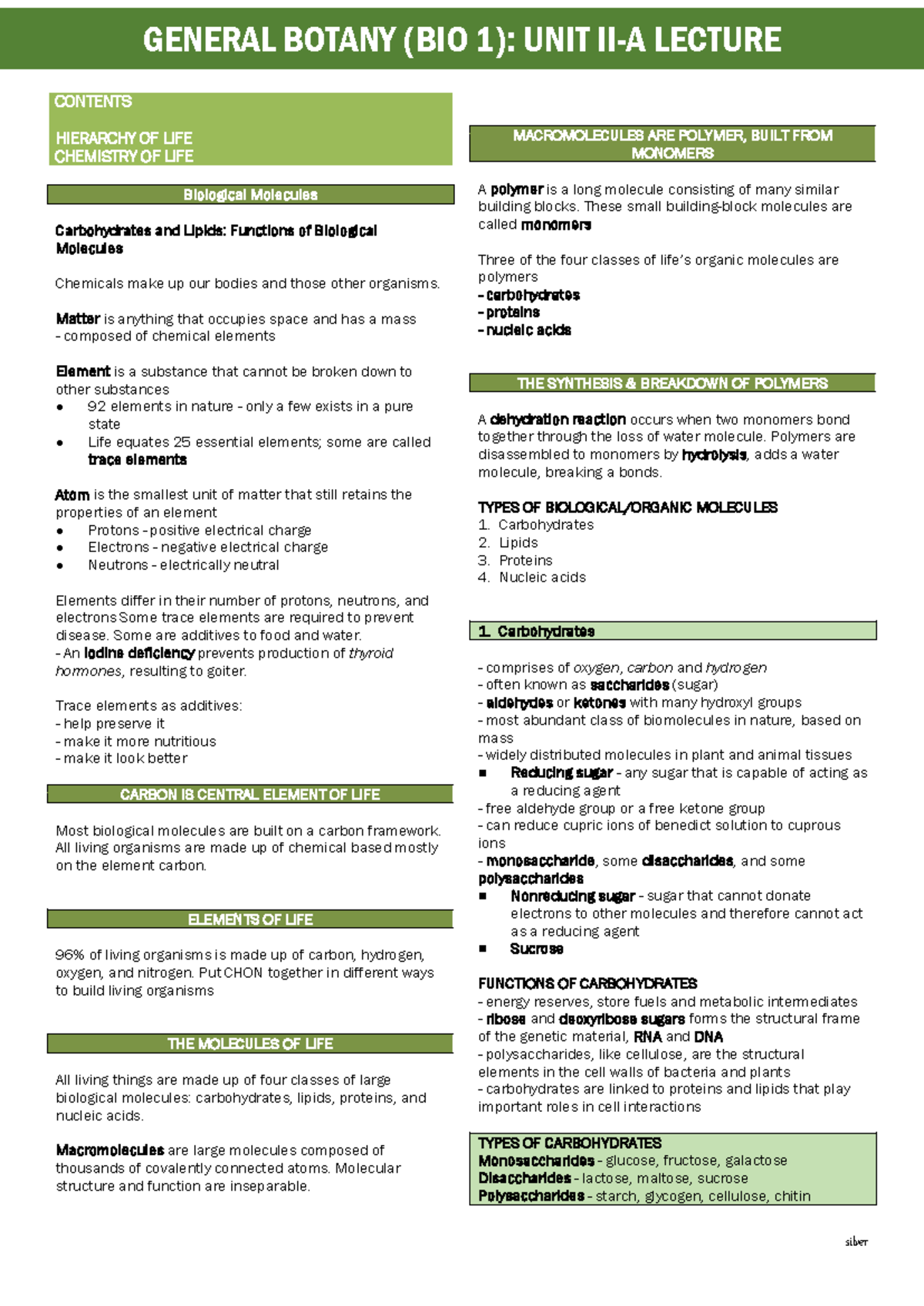 GENERAL BOTANY (BIO 1): UNIT 2-A LECTURE ON CHEMISTRY OF LIFE - Studocu