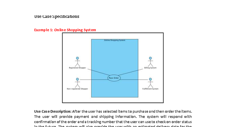 Use Case Specs: Online Shopping System - Place Order Example - Studocu