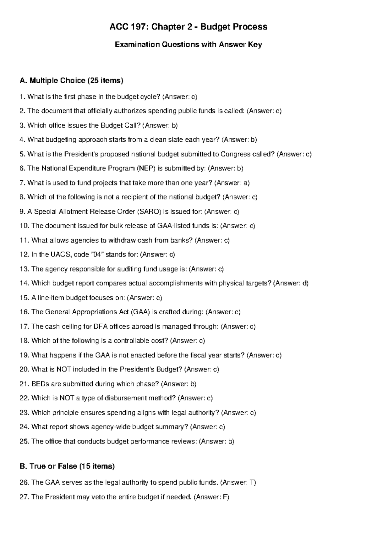 ACC 197: Chapter 2 Budget Process Exam Questions & Answers Key - Studocu