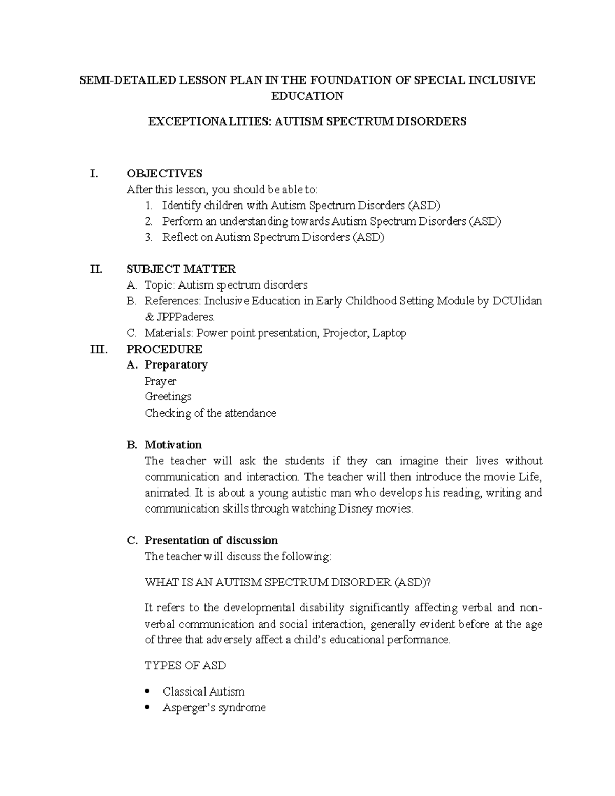 Autism Lesson Plan 1: Understanding Autism Spectrum Disorders - Studocu