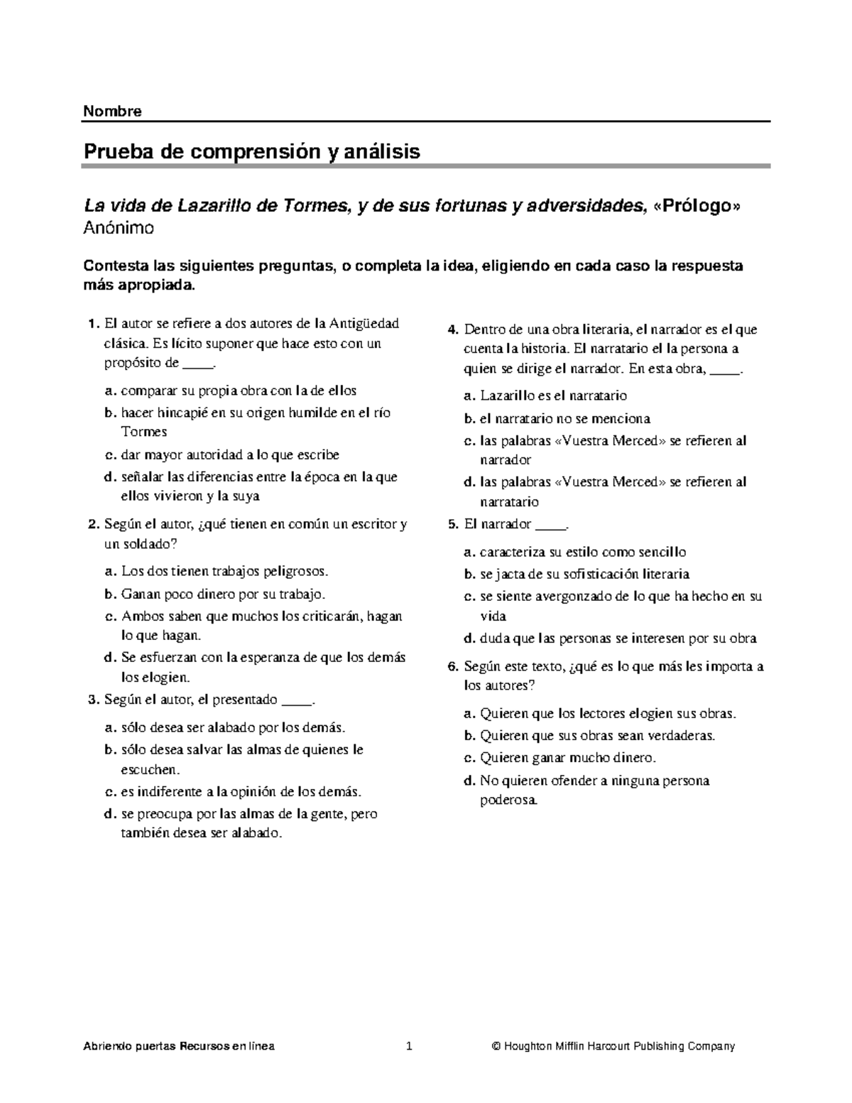 Prueba de Comprensión y Análisis del Prólogo a Lazarillo de Tormes ...