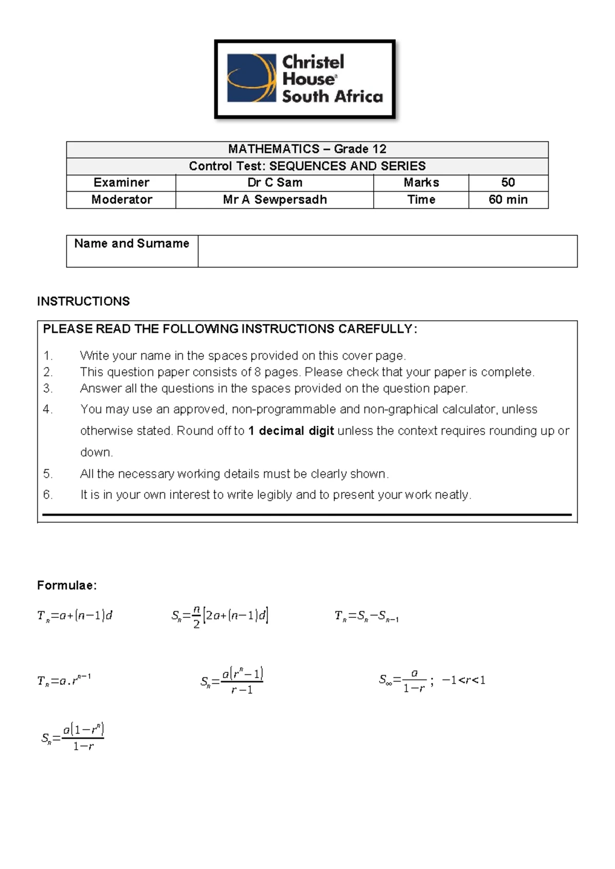 Grade 12 Mathematics Term 1 Exam Review: Sequences & Series 2024 - Studocu