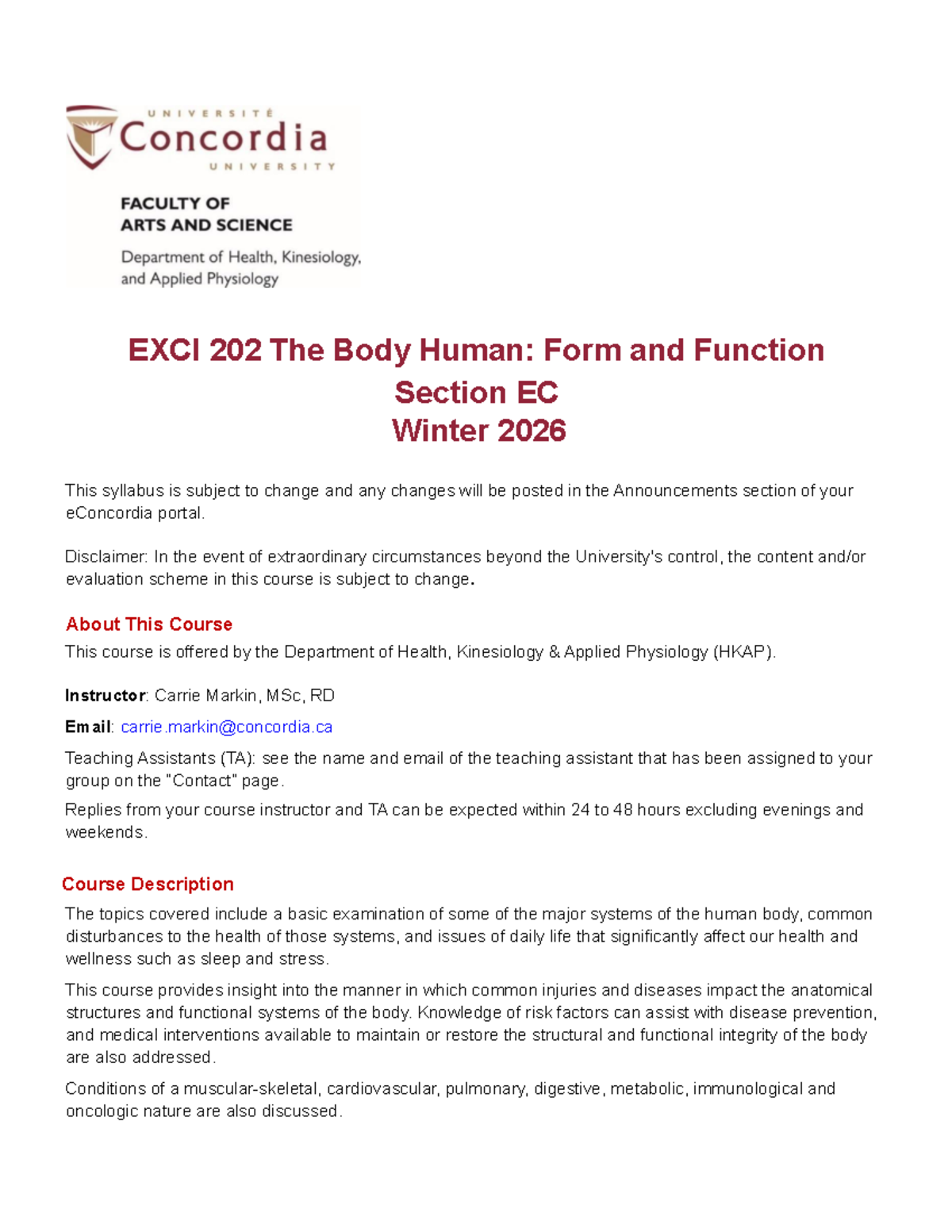 EXCI 202 The Body Human: Form & Function Syllabus Winter 2026 - Studocu