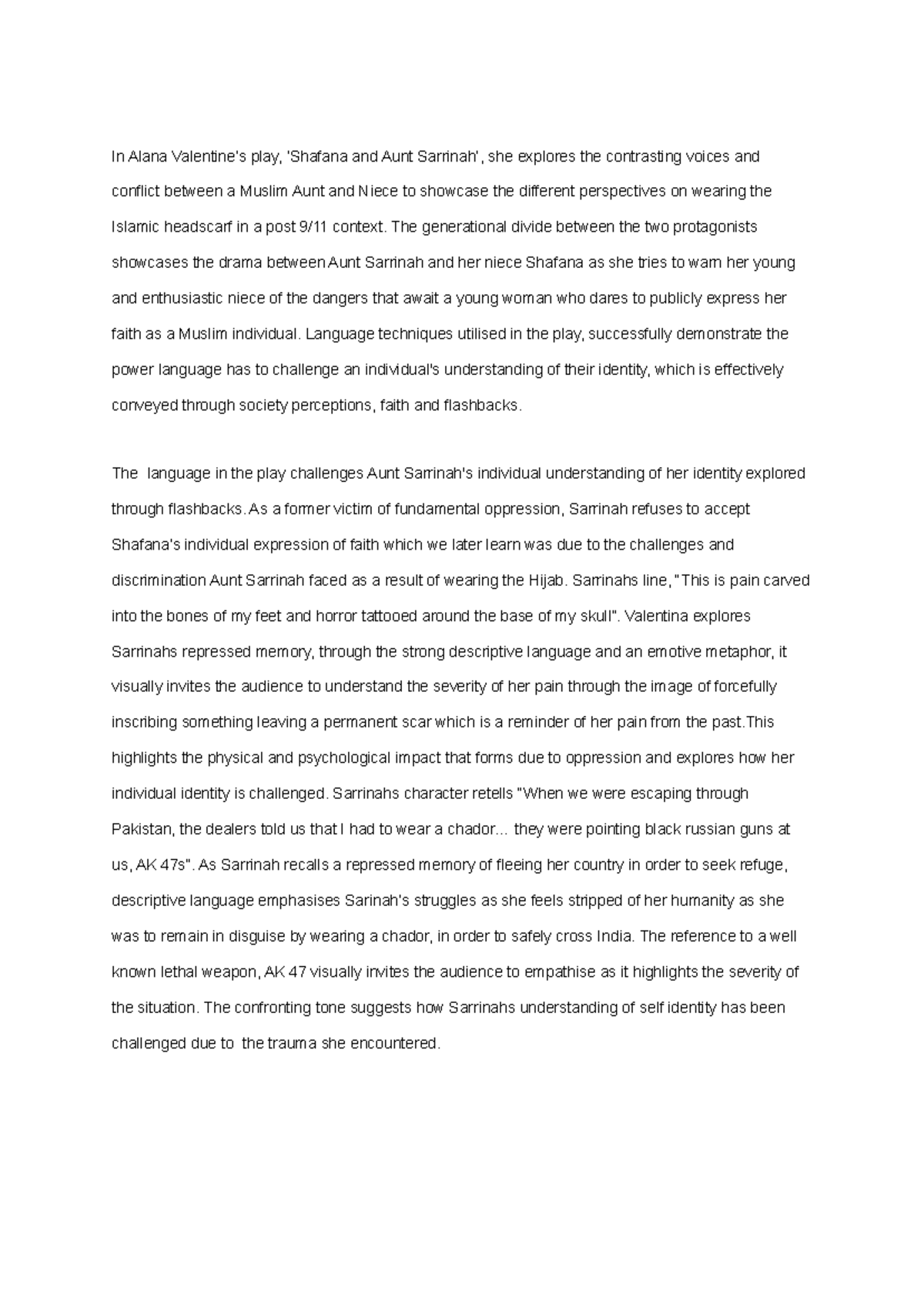 English Essay SHAFANA AND AUNT SARRINAH - In Alana Valentine’s play ...