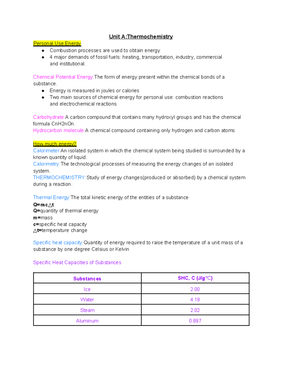 Chemistry 30 Thermochemistry Notes #4 - Unit A:Thermochemistry Personal ...