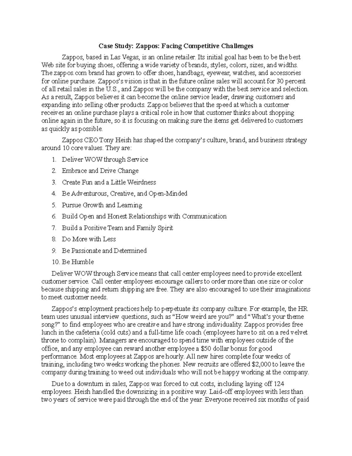 Case Study: Zappos' Competitive Challenges and Cultural Insights - Studocu