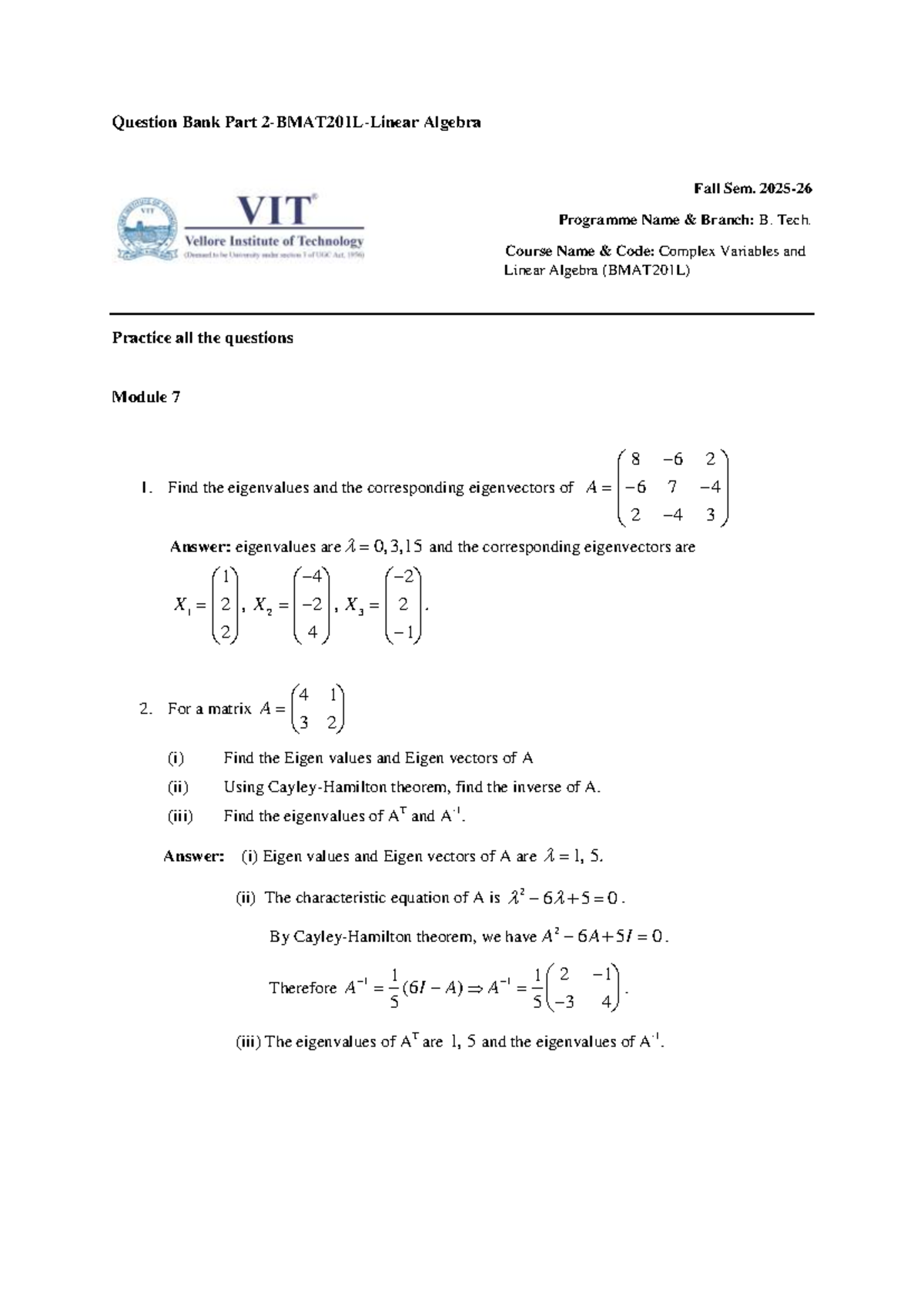 Question Bank for Complex Variables and Linear Algebra (BMAT201L) - Studocu