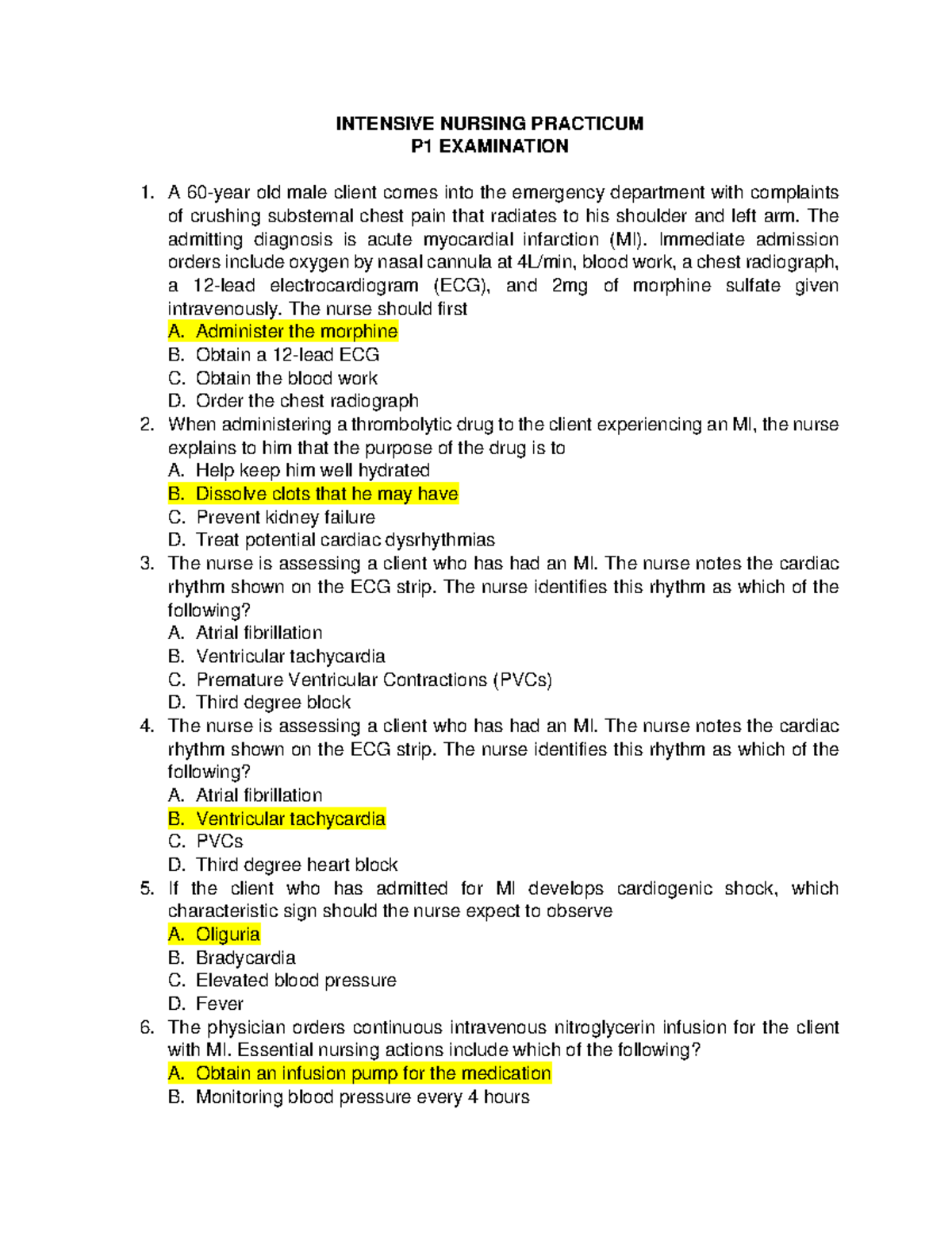 Intensive nursing practicum P1 examination 1: myocardial infarction ...