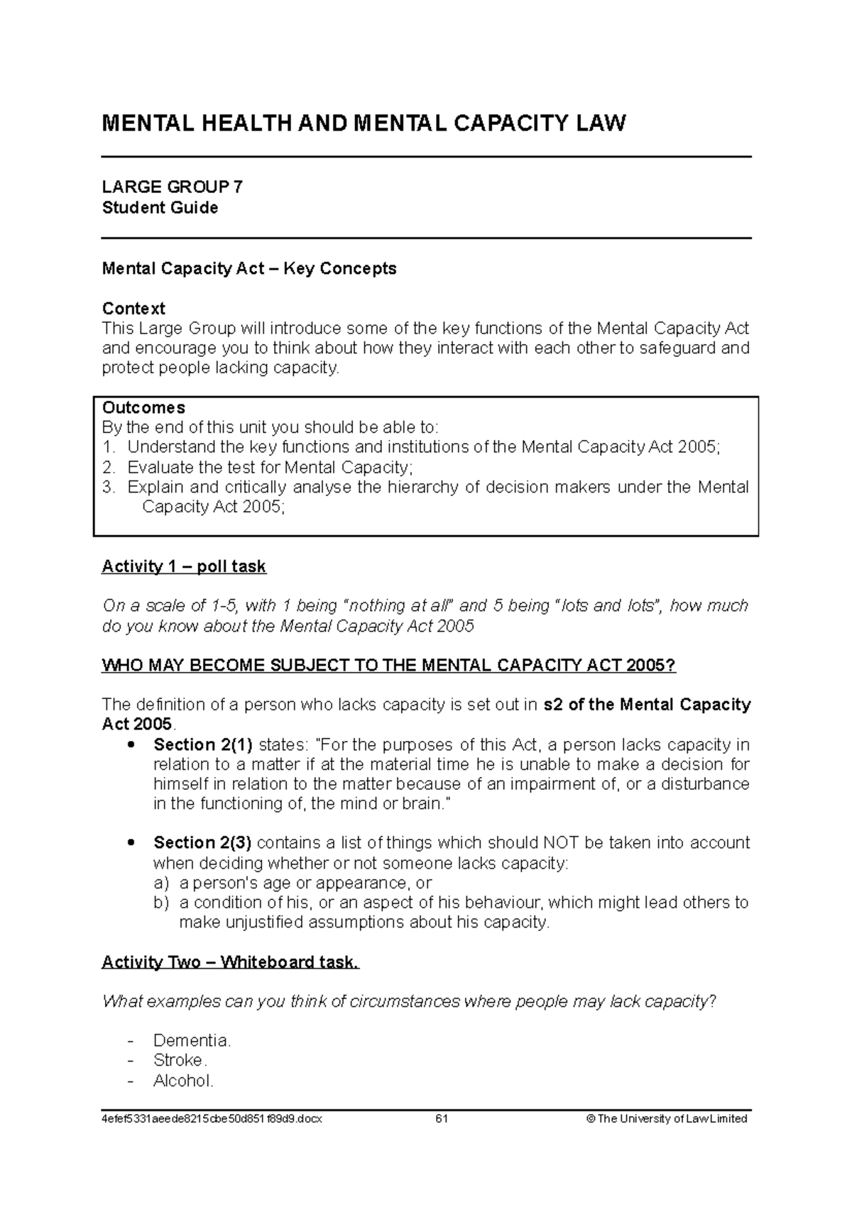 U7 - Introduction to Mental Capacity Act: Essential Student Guide - Studocu