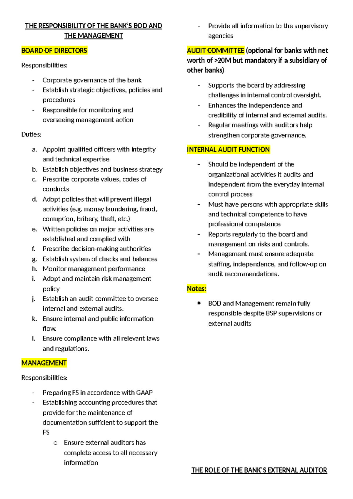 BSP 101: Responsibilities of BOD & Management in Bank Governance - Studocu