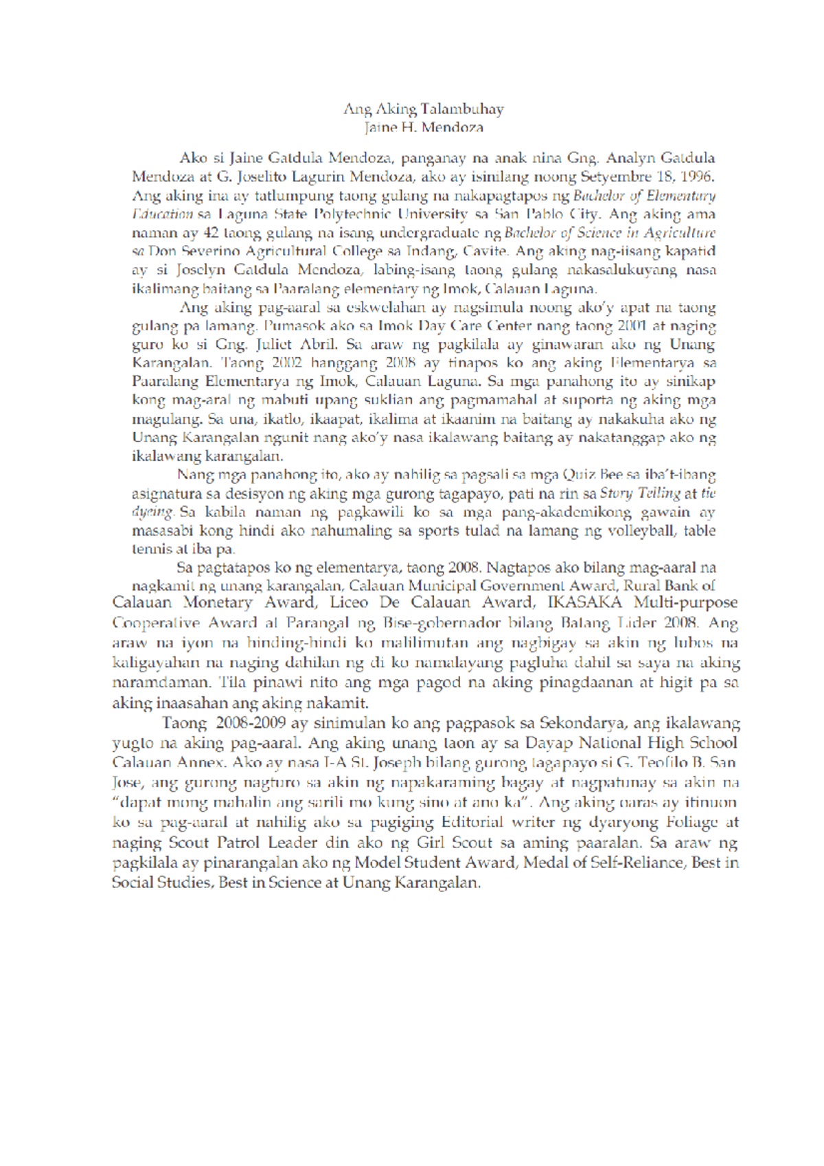 Talambuhay ni [Iyong Pangalan] - Isang Halimbawa - Studocu