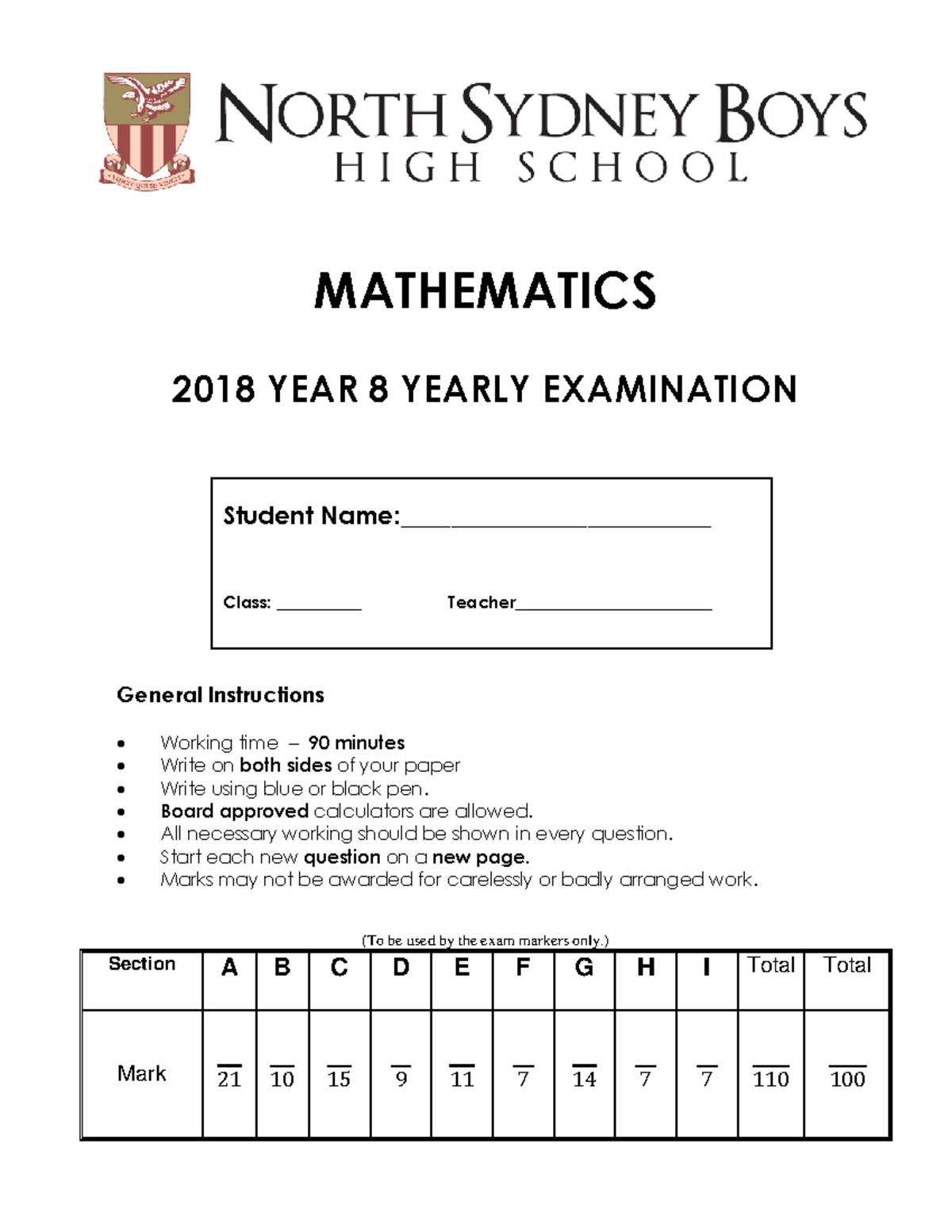 2018 Year 8 Yearly Exam Mathematics Past Paper - Studocu