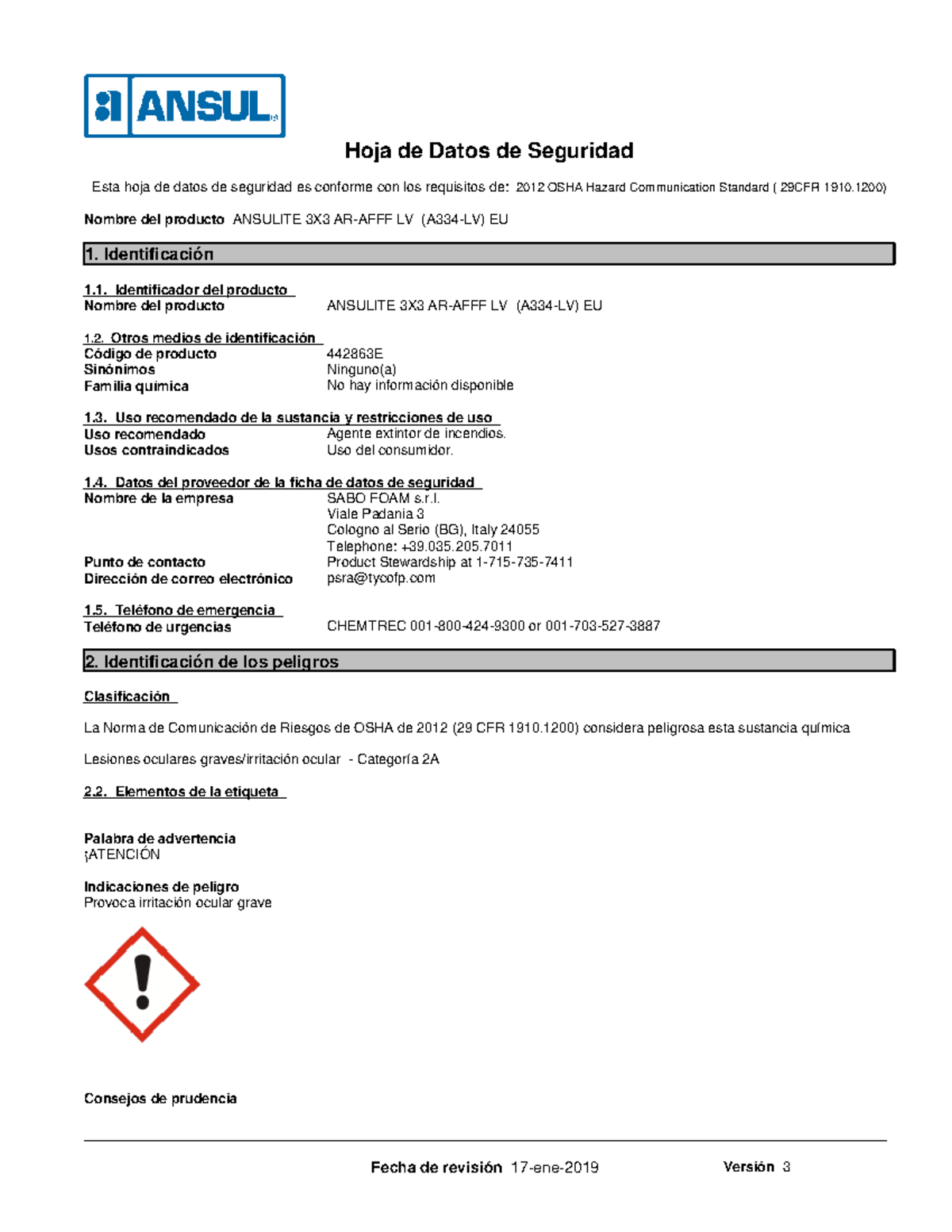 Hoja de Datos de Seguridad ANSULITE 3X3 LV EU - Espuma AR-AFFF - Studocu