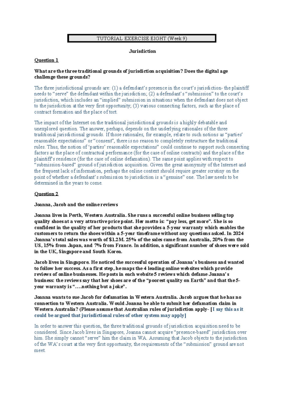 Tutorial Exercise 8 (Week 9) - Jurisdiction Analysis and Solutions ...
