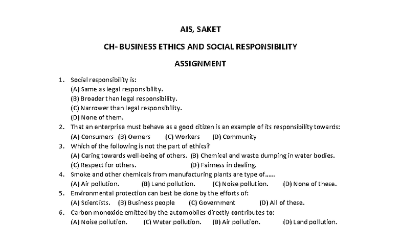 AIS, SAKET BUSINESS ETHICS & SOCIAL RESPONSIBILITY ASSIGNMENT 1 - Studocu