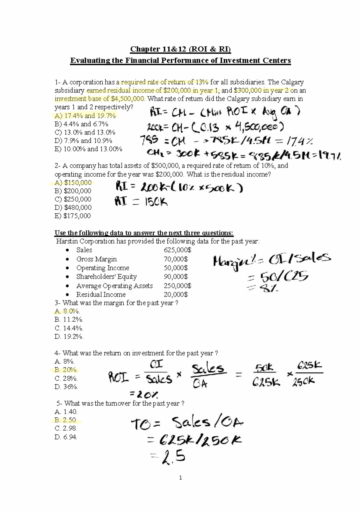 Final Exam Practice Questions - Chapters 11 & 12 (ROI & RI) - Studocu