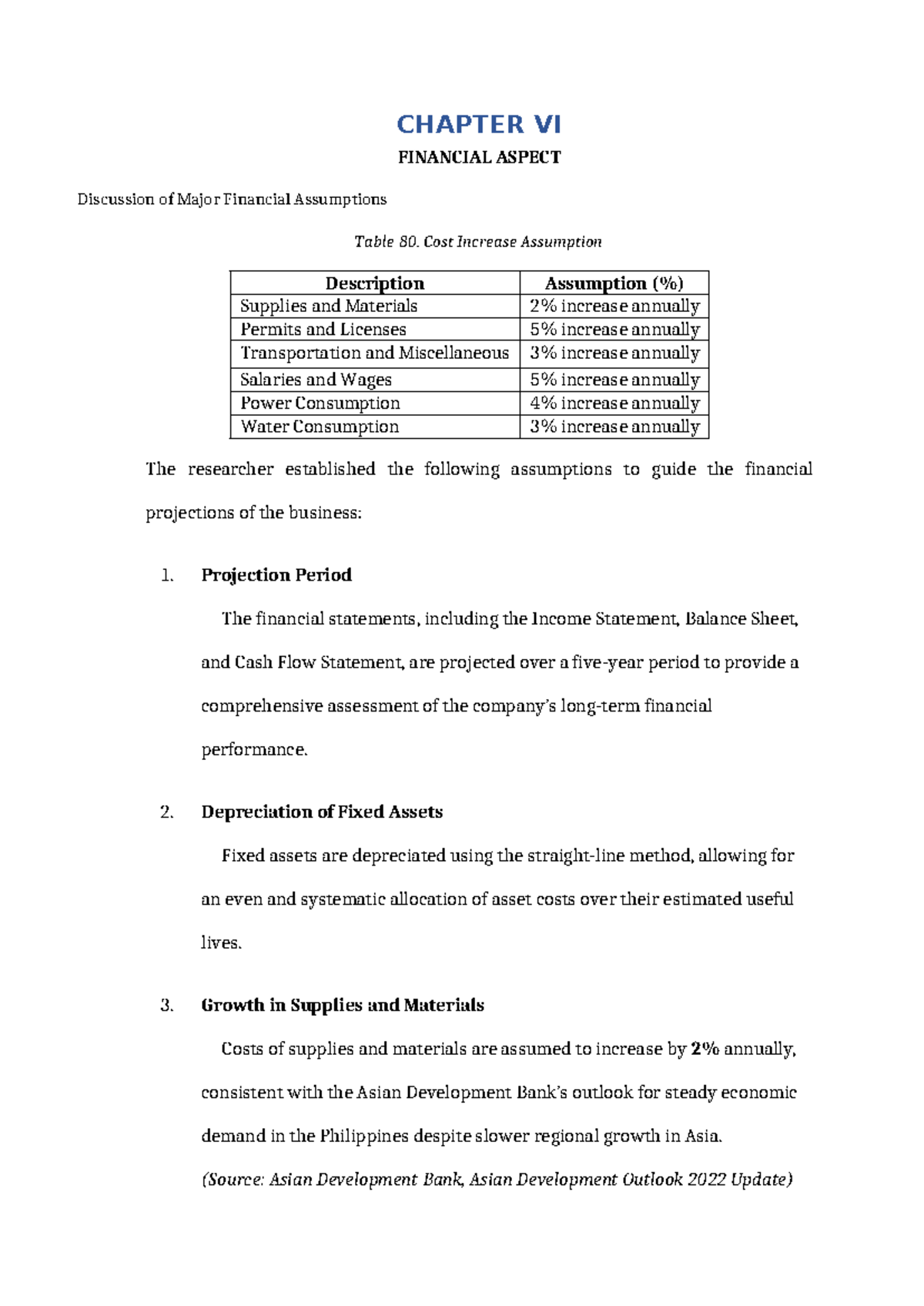 CHAPTER VI FINANCIAL ASPECT: Major Financial Assumptions & Projections ...