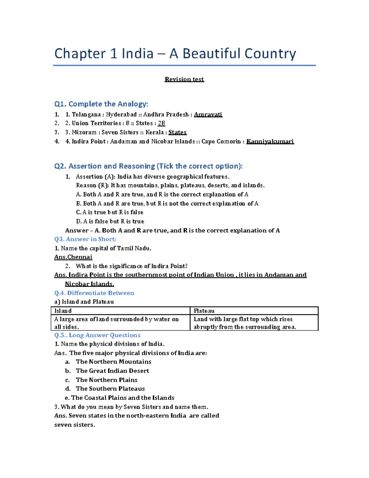 Chapter 1: India - A Beautiful Country Revision Test (Updated) - Studocu