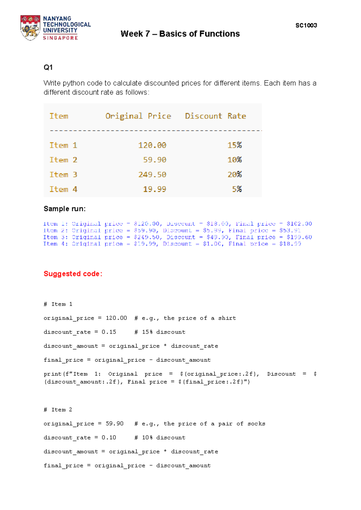 Week 7 - SC1003 Basics of Functions: Discount Price Calculation - Studocu