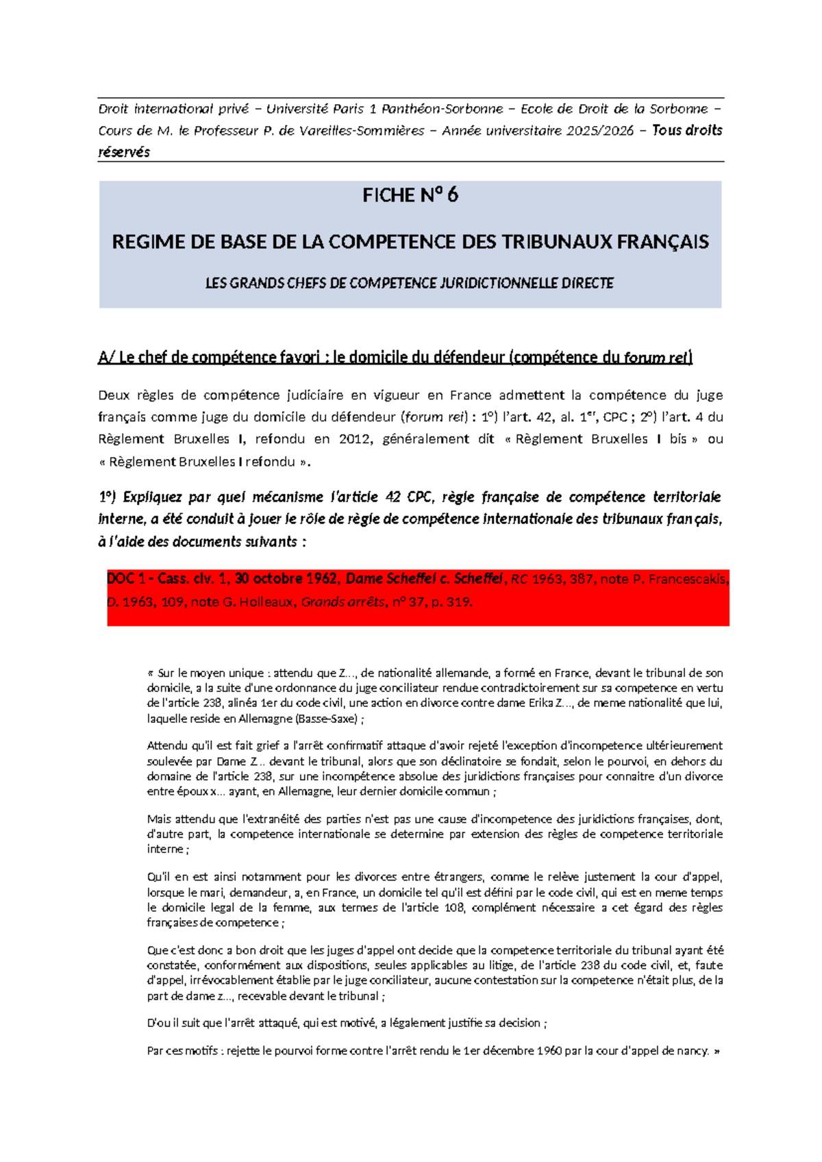 FICHE 6 : COMPÉTENCE JURIDICTIONNELLE DIRECTE EN DROIT INTERNATIONAL ...