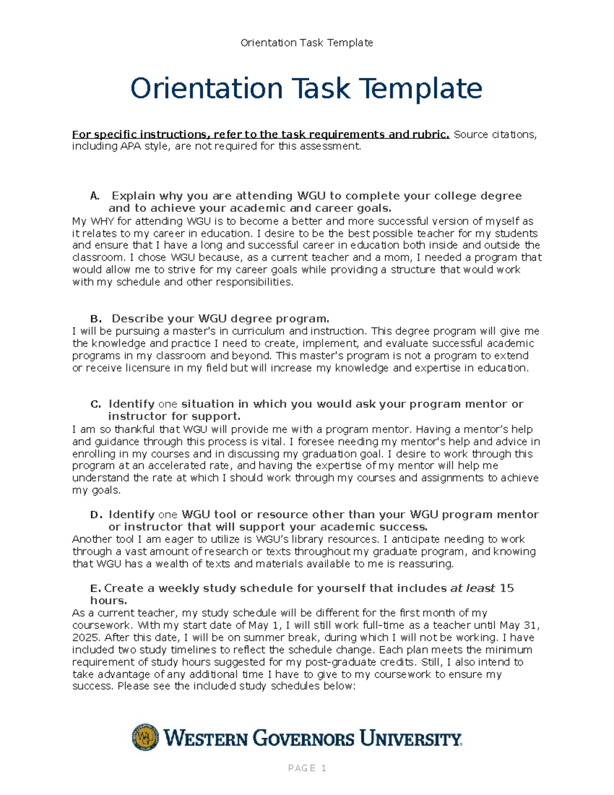 WGU Orientation Task Template: Academic Goals & Study Plan - Studocu