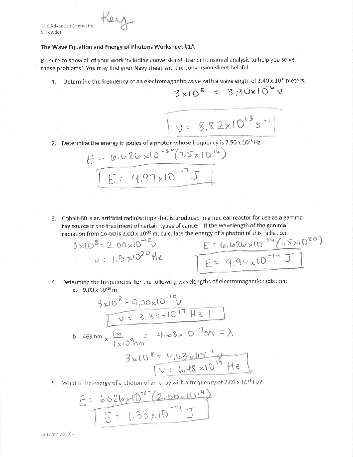 THS Advanced Chemistry: Wave Equation & Photon Energy Worksheet - Studocu