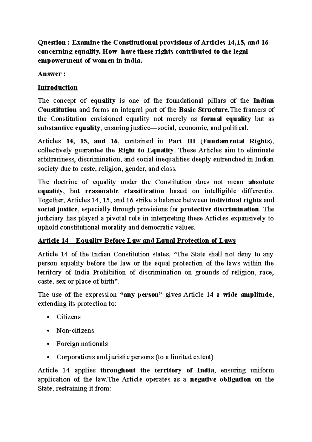 Constitutional Law Summary Notes for FYLLM: Articles 14, 15, and 16 on ...