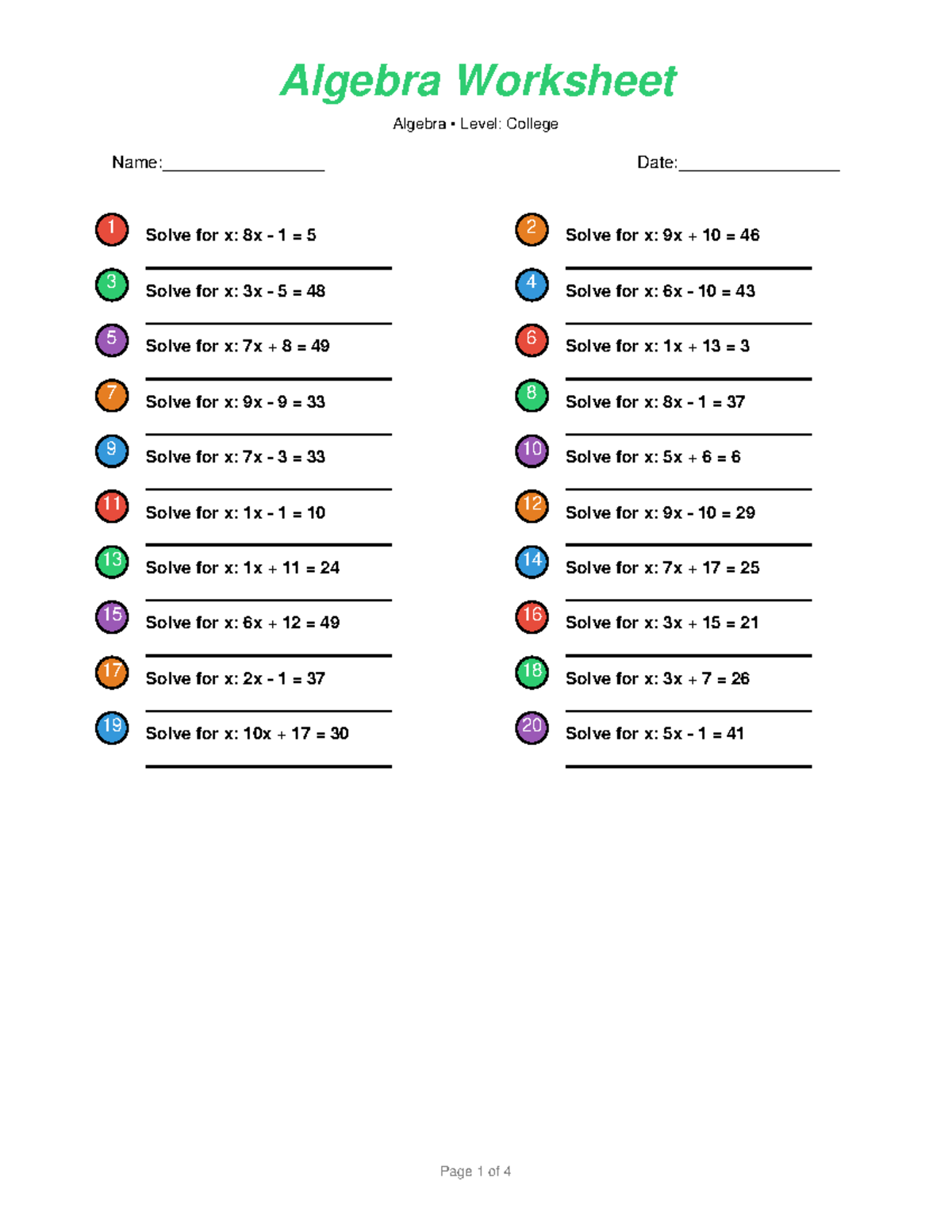 Algebra Worksheet: College 1 Problem Set and Answer Key - Studocu