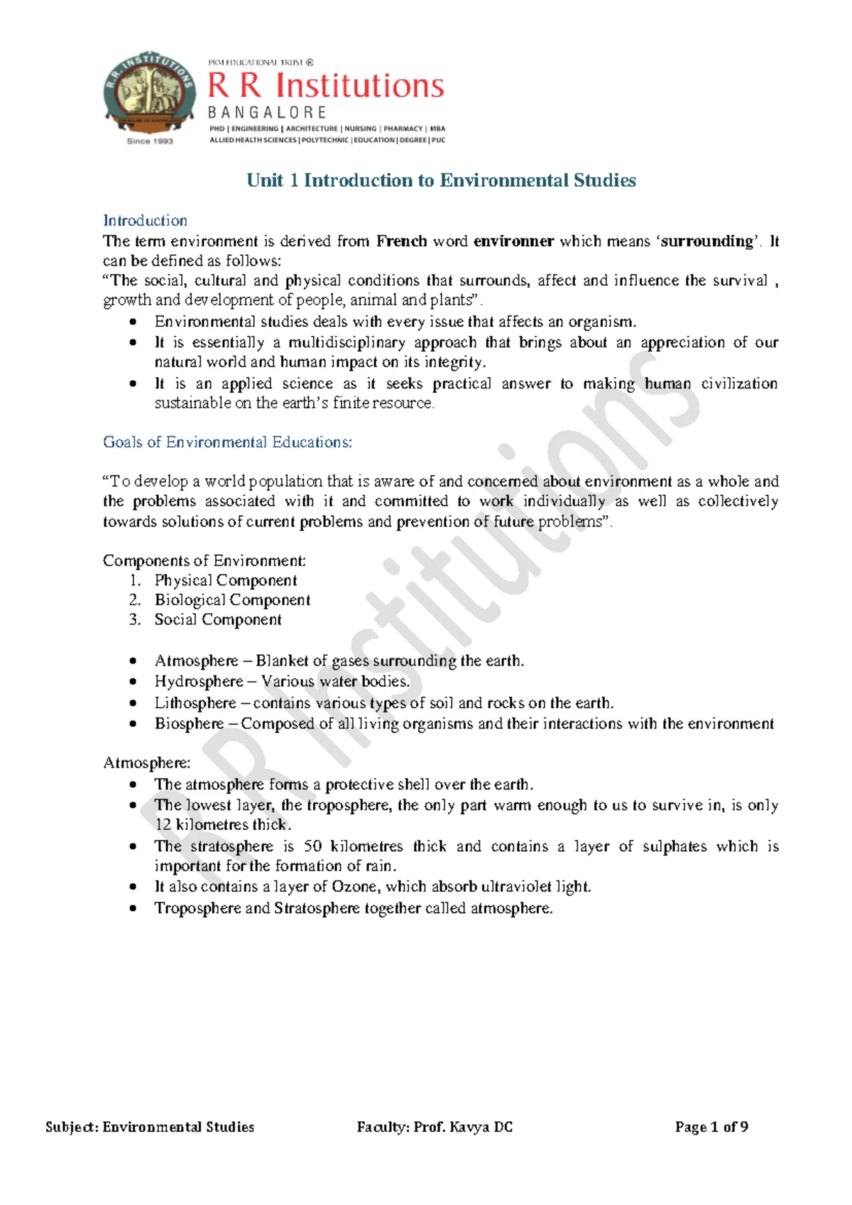 Unit 1 EVS - Lecture notes 1 - Unit 1 Introduction to Environmental ...