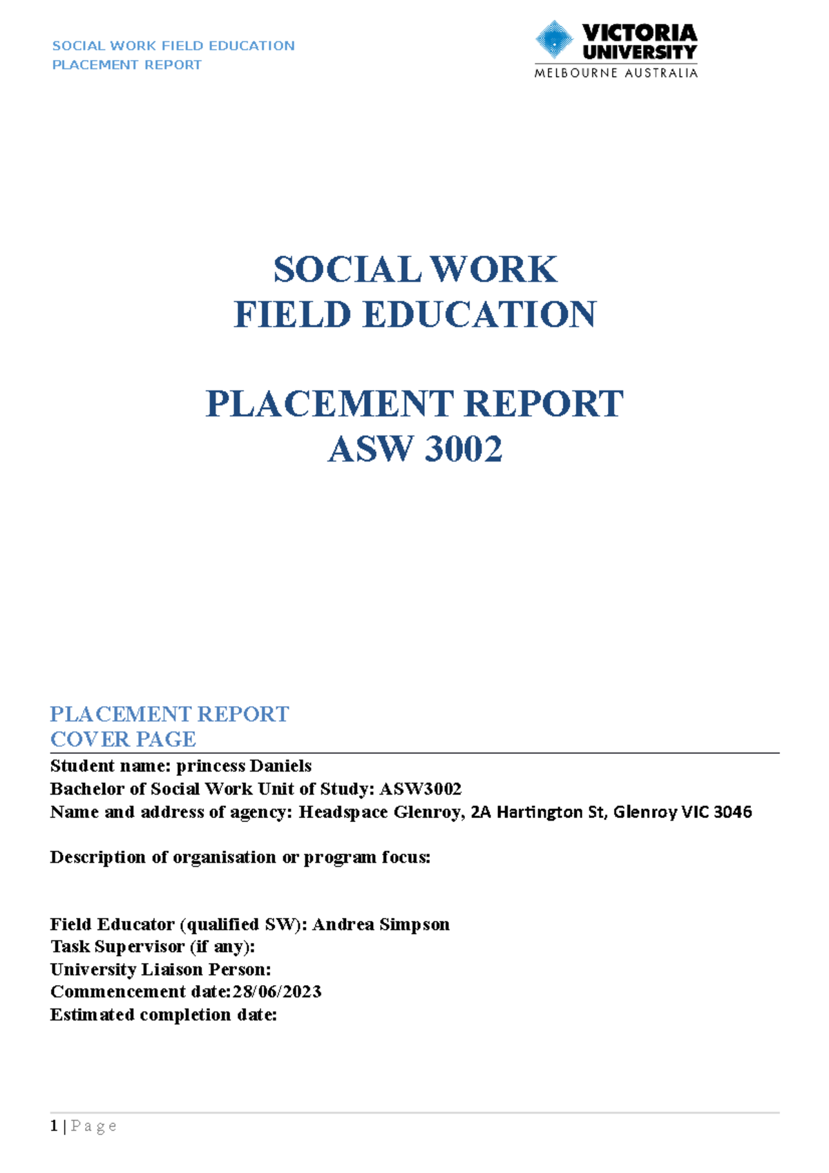 Learning Plan template 3002 - PLACEMENT REPORT SOCIAL WORK FIELD ...