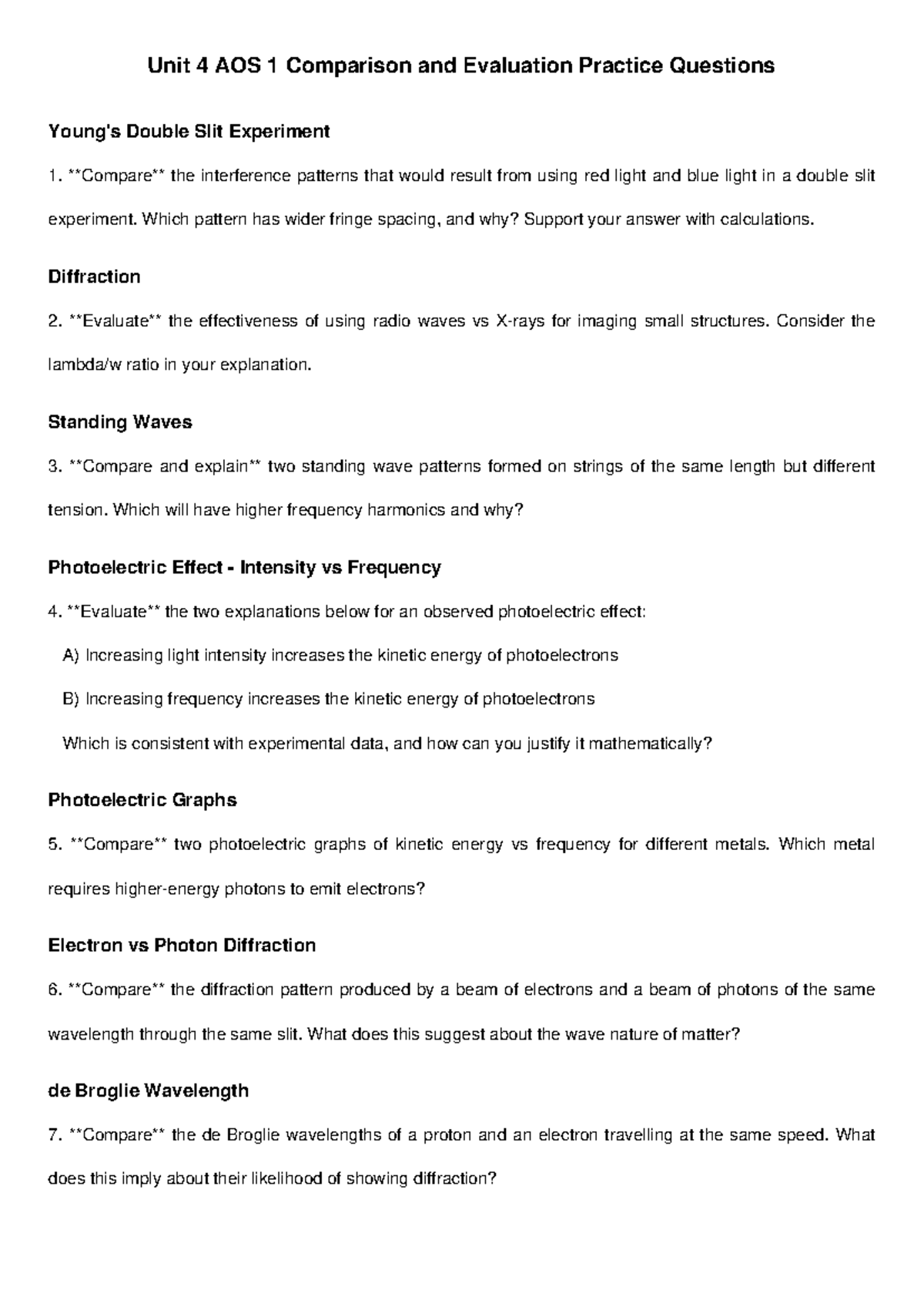 Unit 4 AOS 1 Physics Comparison & Evaluation Practice Questions - Studocu