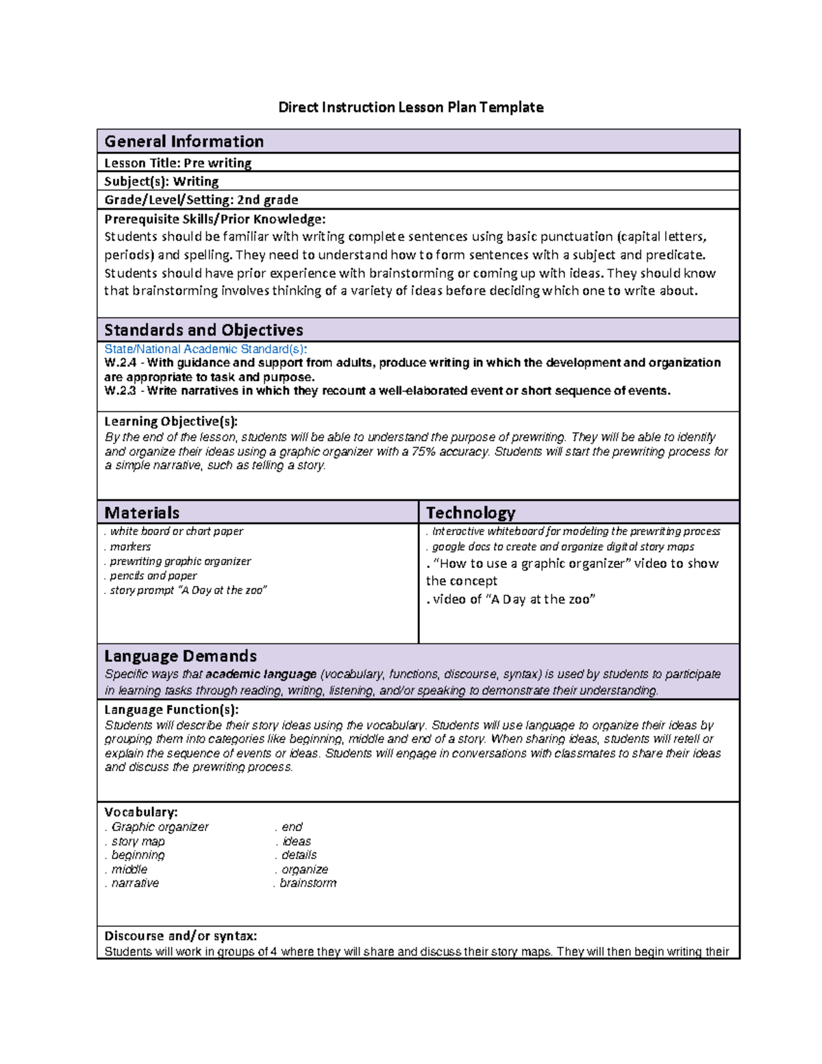 Direct Instruction Lesson Plan Template - They need to understand how to form sentences with a ...