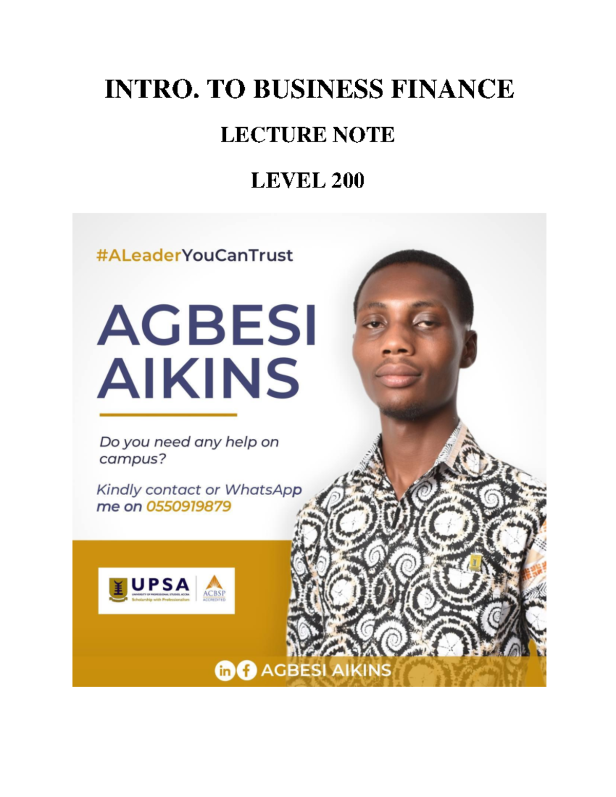 BCPC 203: Introduction to Business Finance Level 200 Lecture Notes ...