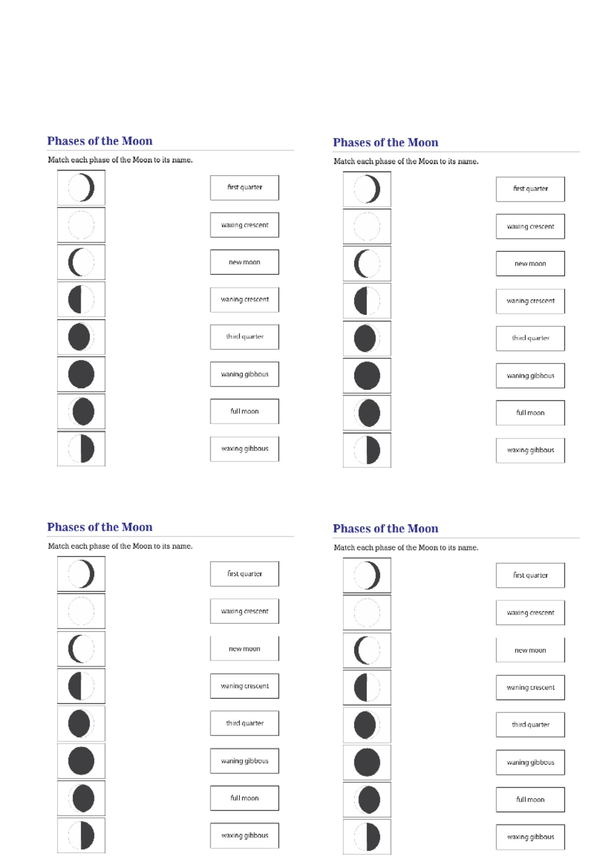 MOON- Assess - Moon - Phases of the Moon Phases of the Moon Match each ...