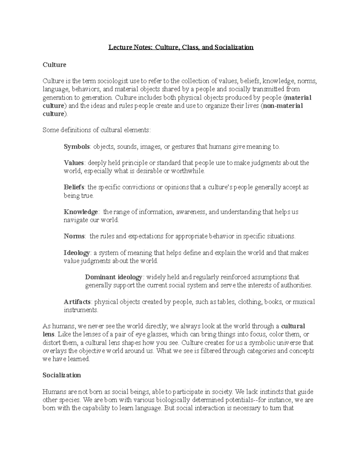 Lecture Notes: Sociology Concepts, Culture, and Socialization (Unit 3 ...