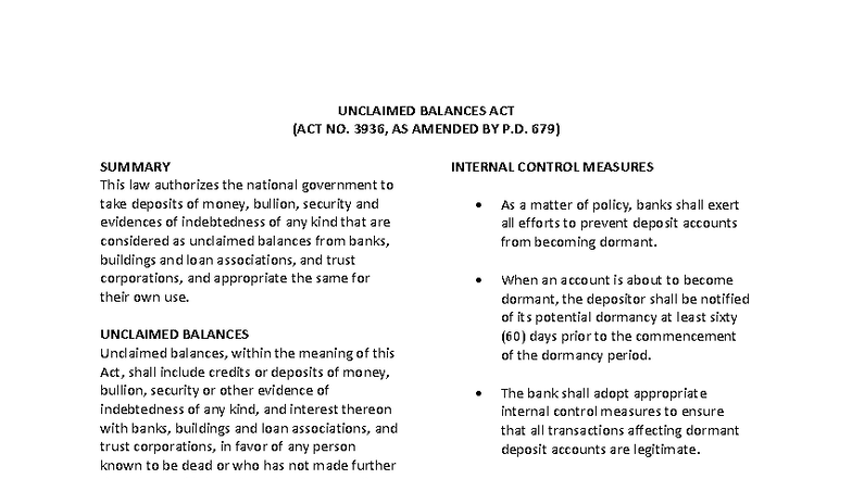 Unclaimed Balances Act (Act No. 3936) Overview and Escheat Process ...