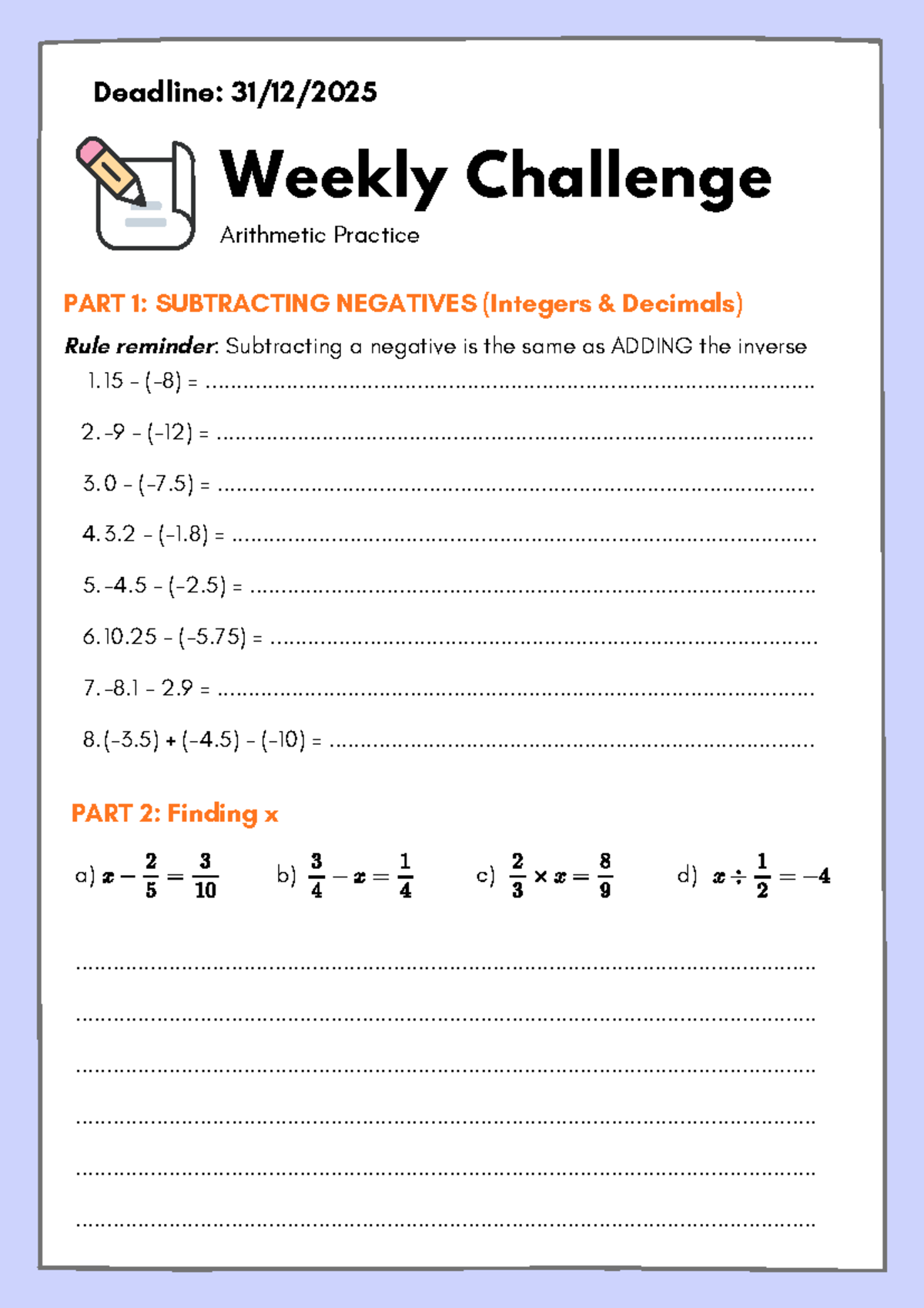 Weekly Challenge 02: Arithmetic Practice - Subtracting Negatives - Studocu