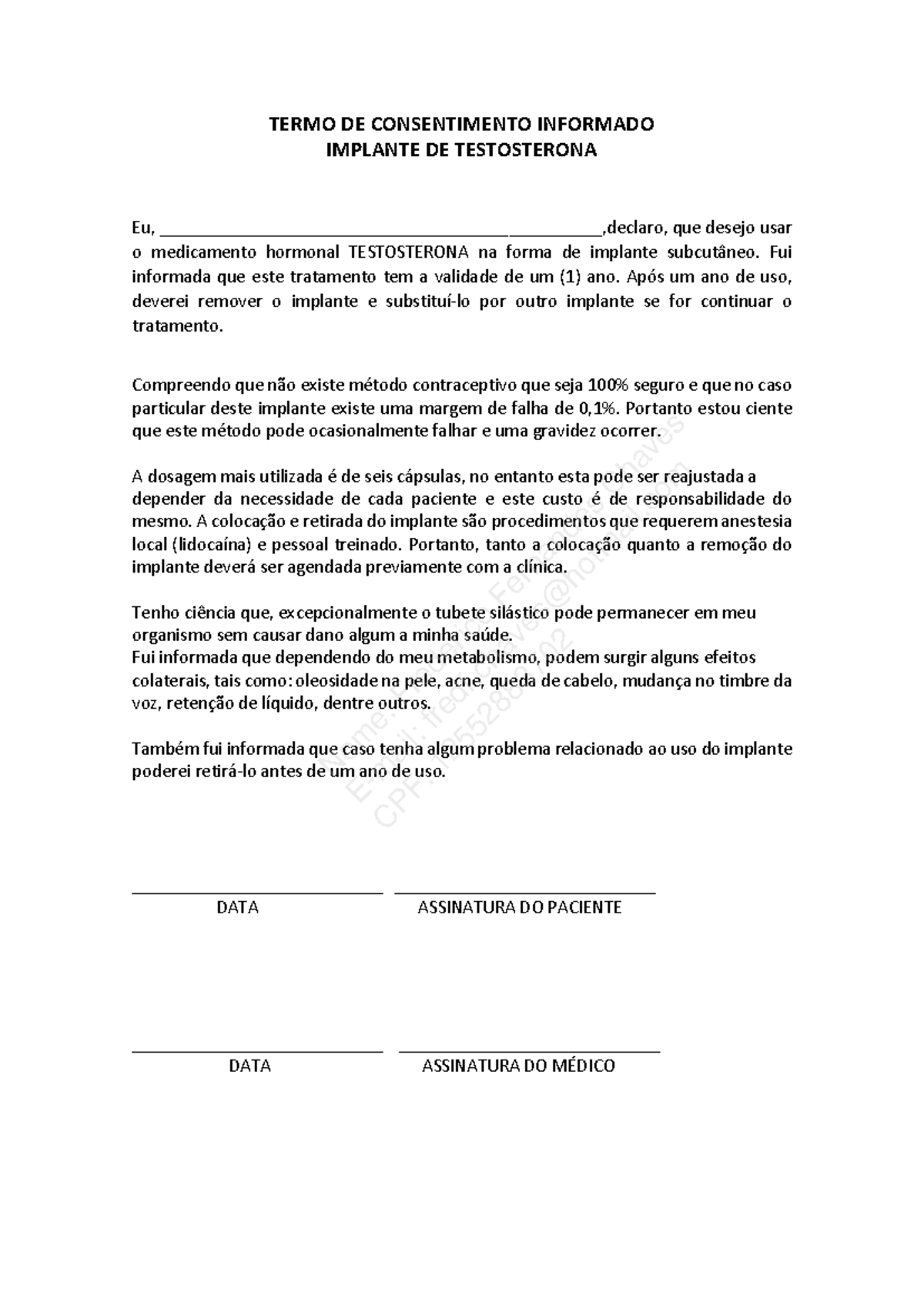 TERMO DE CONSENTIMENTO INFORMADO - IMPLANTE DE TESTOSTERONA - Studocu